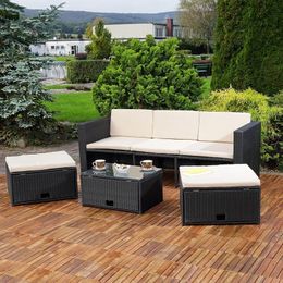 Mucola Rattanmöbel schwarz Sitzgruppe Poly Rattan Sofa und 2 Hocker Lounge