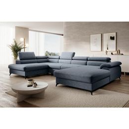 Wohnlandschaft U-Form Schlafsofa bastien in Stoff Whisper Silbergrau Ottomane Rechts