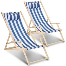 Swanew - Liegestuhl Schwingliege Klappbar Strandliege Balkonsonnenliege Liege Stuhl Holz Blau weiß Mit Handläufen 2 Stück - Blau