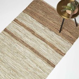 Lederteppich beige-braun gestreift 90 x 150 cm – Teppich aus Recycling-Leder - Braun-Beige - Homescapes