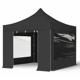 3x3 m Faltpavillon, premium Stahl 40mm, feuersicher, Seitenteile mit Panoramafenstern, schwarz - schwarz