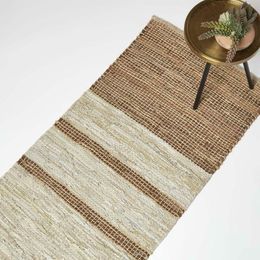 Homescapes - Leder Teppichläufer beige-braun gestreift, 66 x 200 cm – Teppich aus Recycling-Leder - Braun-Beige