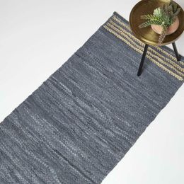 Homescapes - Leder Teppichläufer grau mit Streifen, 66 x 200 cm – Teppich aus Recycling-Leder - Grau