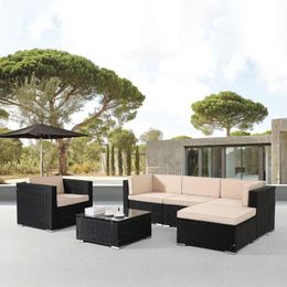 Arebos Polyrattan Gartenmöbel Lounge Palma Inkl. Sitzkissen 4 Personen UV-beständiges Polyrattan-Geflecht Tisch mit Glasplatte Frei kombinierbar Schwarz