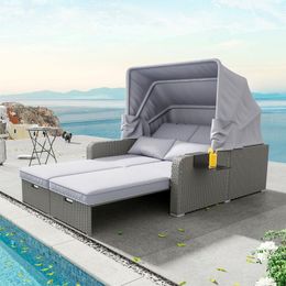 Rattan Loungebett set Elbs Loungesofa mit Strandkorb verstellbar und Sonnendach, Grau - Grau