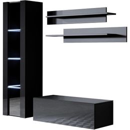 Wohnwand mit led Mediawand Möbel tv TV-Schrank Wohnzimmer Wohnmöbel Anbauwand Möbelkombination Hängend 160cm Schwarz Glanz Luke 2B