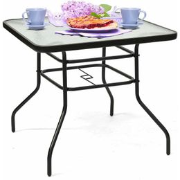 Quadratischer Glastisch, Beistelltisch mit Schirmloch, Eisenbeinen & Tischplatte aus gehaertetem Glas, Eignet Sich als Bistrotisch & Gartentisch, für