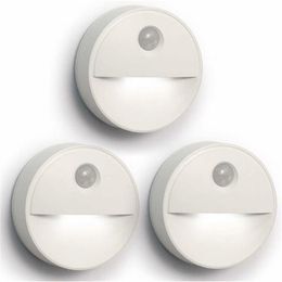 Qiedie - 3er-Pack runde LED-Leuchten mit PIR-Bewegungsmelder für Schränke, Küchen, Treppen, weißes Licht