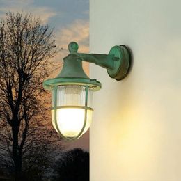 Licht-Erlebnisse Wandlampe außen Grün antik Glas Echt-Messing IP64 E27 Maritim Außenleuchte - Grün Antik