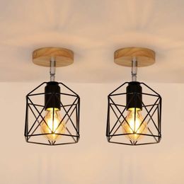 Set aus 2 Vintage Industriellen Deckenleuchten - Lampenschirm aus Metall und Holz E27, Retro Lampe Ø14cm für Flur, Küche, Schlafzimmer, Wohnzimmer