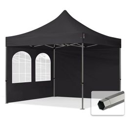 3x3 m Faltpavillon, premium Stahl 40mm, Seitenteile mit Sprossenfenstern, schwarz - schwarz