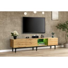 Tv Schrank Fernsehschrank TV-Lowboard in Holzoptik Wotan Eiche Matt mit variabler LED-Beleuchtung und 3 Türen, stehend, 175 cm breit - Merax