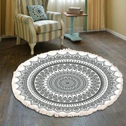 RHAFAYRE Teppich Wohnzimmer Runder Handgewebter Baumwollteppich Mandala Muster Bohemian Vintage Stil Mit Bommeln Maschinenwaschbar Für Schlafzimmer