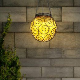 Globo Solarlampe Hängeleuchte Gartendeko led Terrassenleuchte rund Außenleuchte Pendellampe im Kugeldesign, Metallverzierungen schwarz amber, DxH 14,5x37 cm