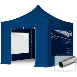 3x3 m Faltpavillon, premium Stahl 40mm, Seitenteile mit Panoramafenstern, blau - blau
