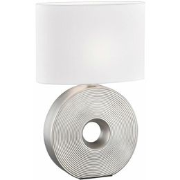 Fischer Leuchten - Tischlampe silber Beistellleuchte modern Nachttischlampe oval, Designleuchte Leselampe Textil Schirm weiß, Keramik, 1x E27