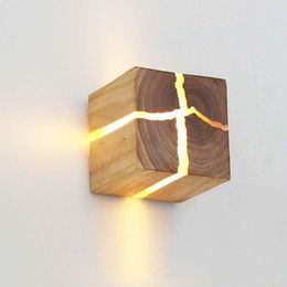 Wandleuchte aus Holz, 8 cm, natürliches, rissiges Originaldesign, Wandleuchte aus gebleichtem Eichenholz, kreative einfache quadratische Dekoration,
