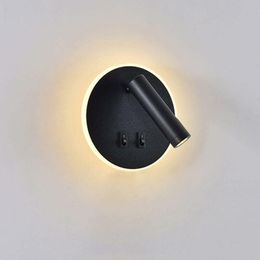 LED-Wandleuchte, Nachttisch-Leselampe, 9W LED-Wand-Leseleuchten, verstellbarer Strahler (3000K warmes Licht) schwarz (runde Form) - Minkurow