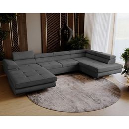 Ecksofa Sorlo u - Sofa 345 cm, Schlaffunktion, verstellbare Kopfstützen, Bettkasten - Eckcouch U-Form - Ottomane rechts freistehend- Samtstoff (Grau