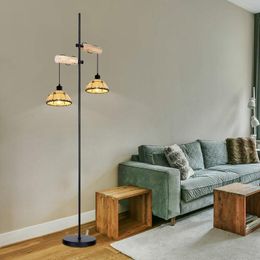 etc-shop Stehlampe Beistellleuchte Wohnzimmerlampe Stehleuchte höhenverstellbar Standleuchte 2-flammig, Holz mit Hanfseil, Metall Textil, schwarz beige, 2x