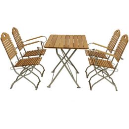 DEGAMO Kurgarten - Garnitur bad tölz 5-teilig (2x Stuhl, 2x Armlehnensessel, 1x Tisch rund 100cm), Flachstahl verzinkt + Robinie, klappbar - braun