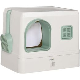 PawHut Katzentoilette mit Abdeckung, 1 Streuschaufel, herausnehmbare Bodenwanne, 50 cm x 40 cm x 40 cm, Mintgrün + Weiß - Weiß+Grün