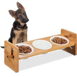 Relaxdays - Futterstation für Hunde, höhenverstellbar, 3 Näpfe, je 200 ml, Bambus und Keramik, Napfständer, natur/weiß