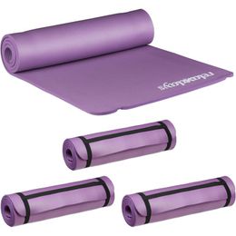 Relaxdays 4 x Yogamatte, 1 cm dick, für Pilates, Fitness, gelenkschonend, mit Tragegurt, Gymnastikmatte 60 x 180 cm, lila