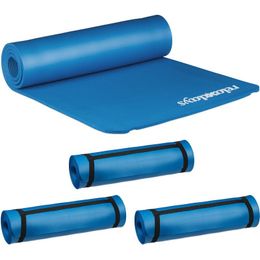 Relaxdays 4 x Yogamatte, 1 cm dick, für Pilates, Fitness, gelenkschonend, mit Tragegurt, Gymnastikmatte 60 x 180 cm, blau