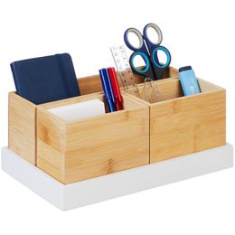 Bambus Organizer, 4-teiliges Set, Schreibtischutensilien, Kosmetik, für Büro, Bad, Ablageschale, natur/weiß - Relaxdays