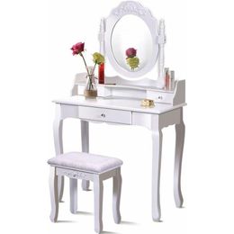 Schminktisch Set, Kosmetiktisch mit 360° drehbarem Oval Spiegel & 3 Schubladen, Frisiertisch Spiegeltisch mit gepolstertem Hocker weiss - Costway