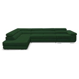 Ecksofa Miami Long Monolith 37 -form mit Schlaffunktion und Bettkasten grün, Links Ottomane