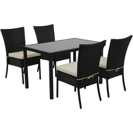 Poly-Rattan Garnitur HHG 951, Sitzgruppe Balkon-/Lounge-Set, 4xStuhl+Tisch 120x75cm schwarz, Kissen creme - black