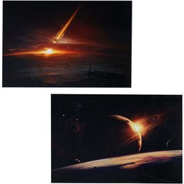 HHG - 2er-Set LED-Bild Leinwandbild Leuchtbild Wandbild 40x60cm, Timer Planet - multicolour