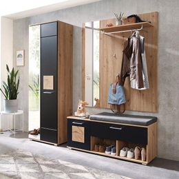 Lomadox Garderoben-Set mit Garderobenschrank, Garderobenbank und Sitzpolster 4-teilig in Eiche mit schwarz supermatt, FARGO-36 - braun