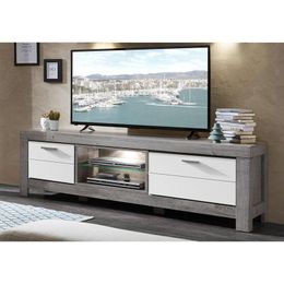 Lomadox TV-Lowboard Fernsehtisch in weiß matt und Haveleiche Nb. GRONAU-55 inkl. LED-Beleuchtung, BxHxT: 180x59x48cm - braun