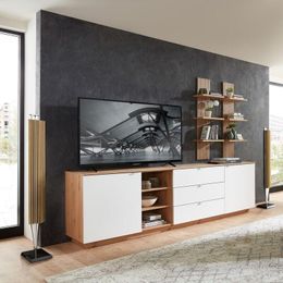 Lomadox Tv Sideboard Set mit Wandregalen Fernsehschrank Eiche mit weiß, Breite 240 cm CUST-36 - weiß