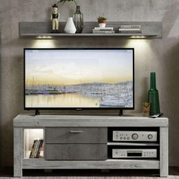 Lomadox TV-Lowboard und Wandboard inkl. Beleuchtung GRONAU-55 in Betongrau und Haveleiche Nb. - grau