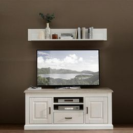 Lomadox Landhaus TV-Lowboard mit Wandregal LEER-55 in Pinie weiß mit taupe Absetzungen, b/h/t ca. 150/170/52cm - grau