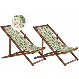 Beliani Liegestühle 2er Set Grün/Rosa aus dunklem Akazienholz mit Bezug zusammenklappbar Blumenmuster Gartenausstattung Outdoor Gartenzubehör Modern
