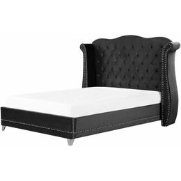 Beliani Bett Schwarz Samtstoff 160 x 200 cm hohes Kopfteil mit Knopfheftung Nieten Chesterfield Stil Glamour Doppelbett Königsbett Ehebett Schlafzimmer