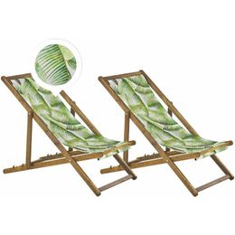 Beliani Liegestühle 2er Set aus hellem Akazienholz Bezug grün/weiß zusammenklappbar Flamingomuster Gartenausstattung Outdoor Gartenzubehör Modern - Grün