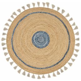 Beliani Teppich Beige / Blau Jute und Baumwolle Rund ⌀ 140 cm Kurzflor mit Kreisen Quasten Handgewebt Boho für Fußbodenheizung Wohnzimmer Esszimmer - Beige