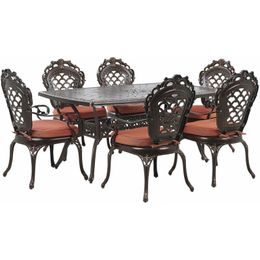 Beliani Set Gartenmöbel Tisch 6 Stühle Dunkelbraun Aluminium Elegante Retro-Optik - Orange