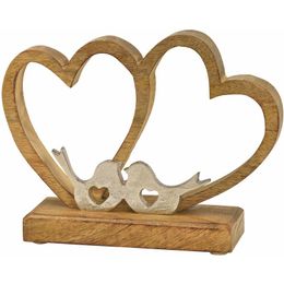Spetebo Deko Doppelherz aus Mango Holz mit Metall Vögeln - Dekofigur Holzherz Tisch Deko Skulptur Holz Herz