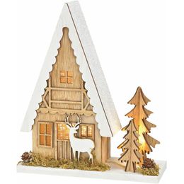 Spetebo Led Holz Deko Haus 21 cm - mit Beleuchtung - Weihnachtsszene mit 3 led warm weiss beleuchtet