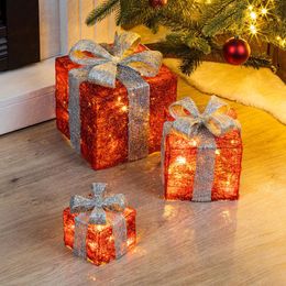 Spetebo Led Geschenkboxen mit Timer 3er Set - rot / grau - Weihnachts Dekoboxen warm weiß beleuchtet - Weihnachten Advent Winter Christbaum Deko Beleuchtung