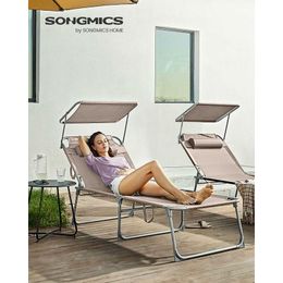 Songmics Große Sonnenliege, klappbarer Liegestuhl, 200 x 71 x 38 cm, Belastbarkeit 150 kg, mit Sonnenschutz, Kopfstütze und Verstellbarer Rückenlehne, für