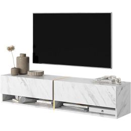 Selsey - Mirrgo - TV-Lowboard stehend Weiß Marmor mit Goldenen Einsätzen, 140 cm