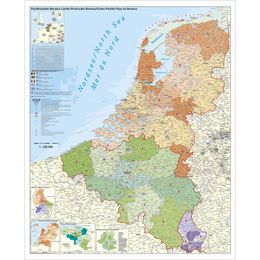 Stiefel Wandkarte Großformat Benelux-Länder, Postleitzahlen, ohne Metallstäbe. Benelux, Postcodes. Pays du Benelux, Codes Postals, Karte (im Sinne von Landkarte)